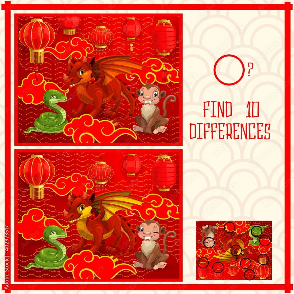 Kids New Year find ten differences puzzle game with Chinese calendar ...