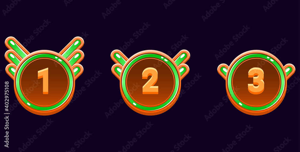 set of rounded game ui jelly frame awards medals with grade and wooden border for gui asset ...