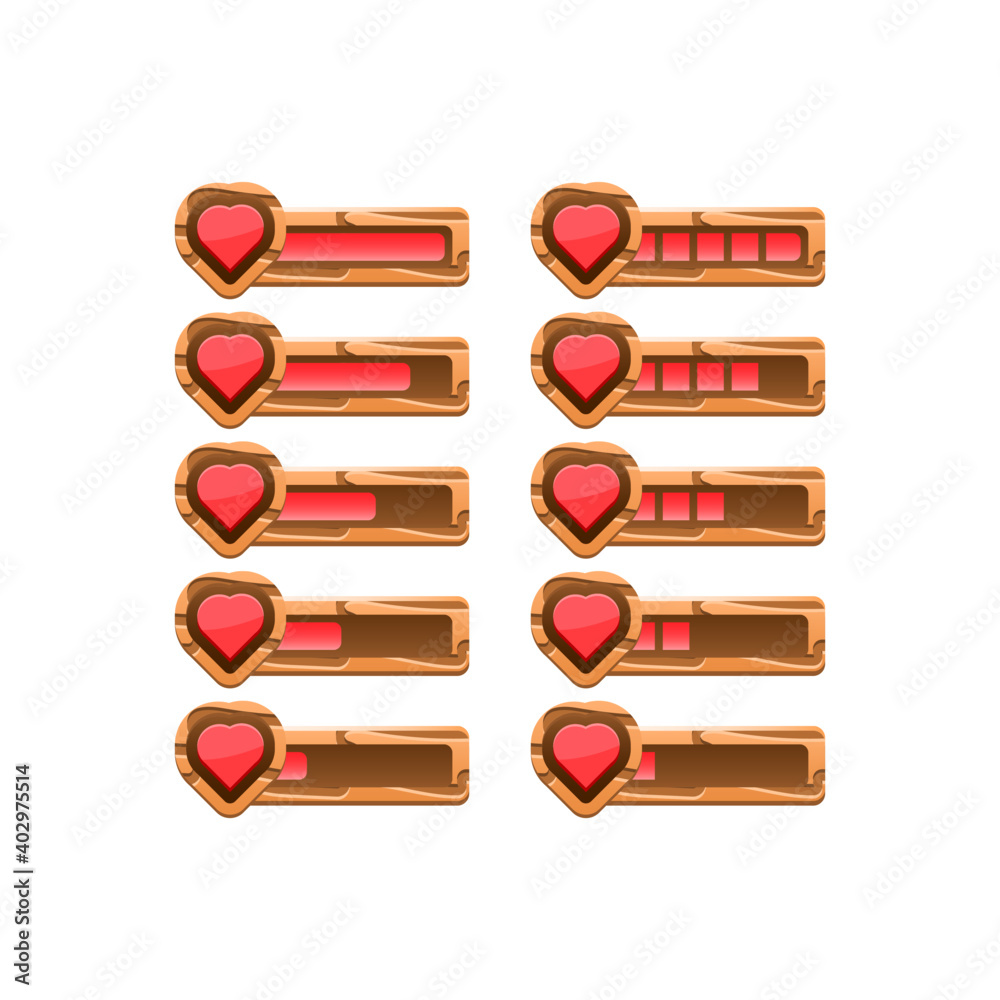 set of wooden game ui health life progress bar from low to full for gui ...