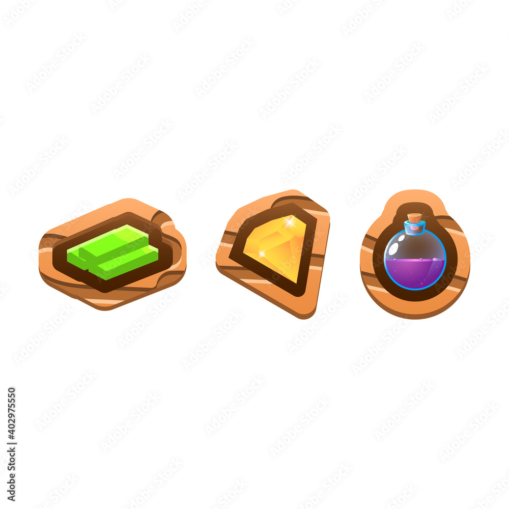 set of game ui funny gem, potion bottle, and bucks icon with wooden ...