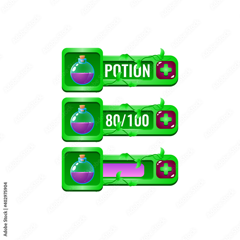 set of nature leaves game ui potion magic mana bar with numeric and ...