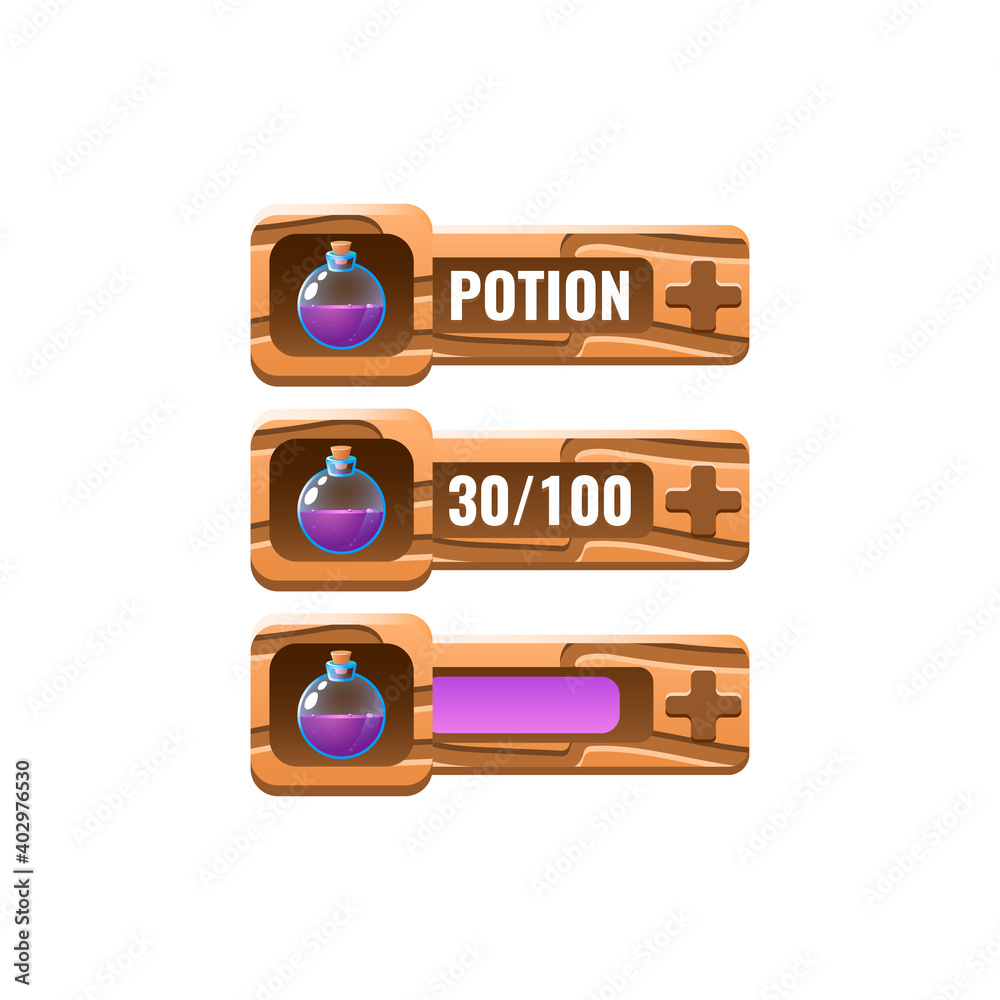 set of wooden game ui potion magic mana bar with numeric and progress ...