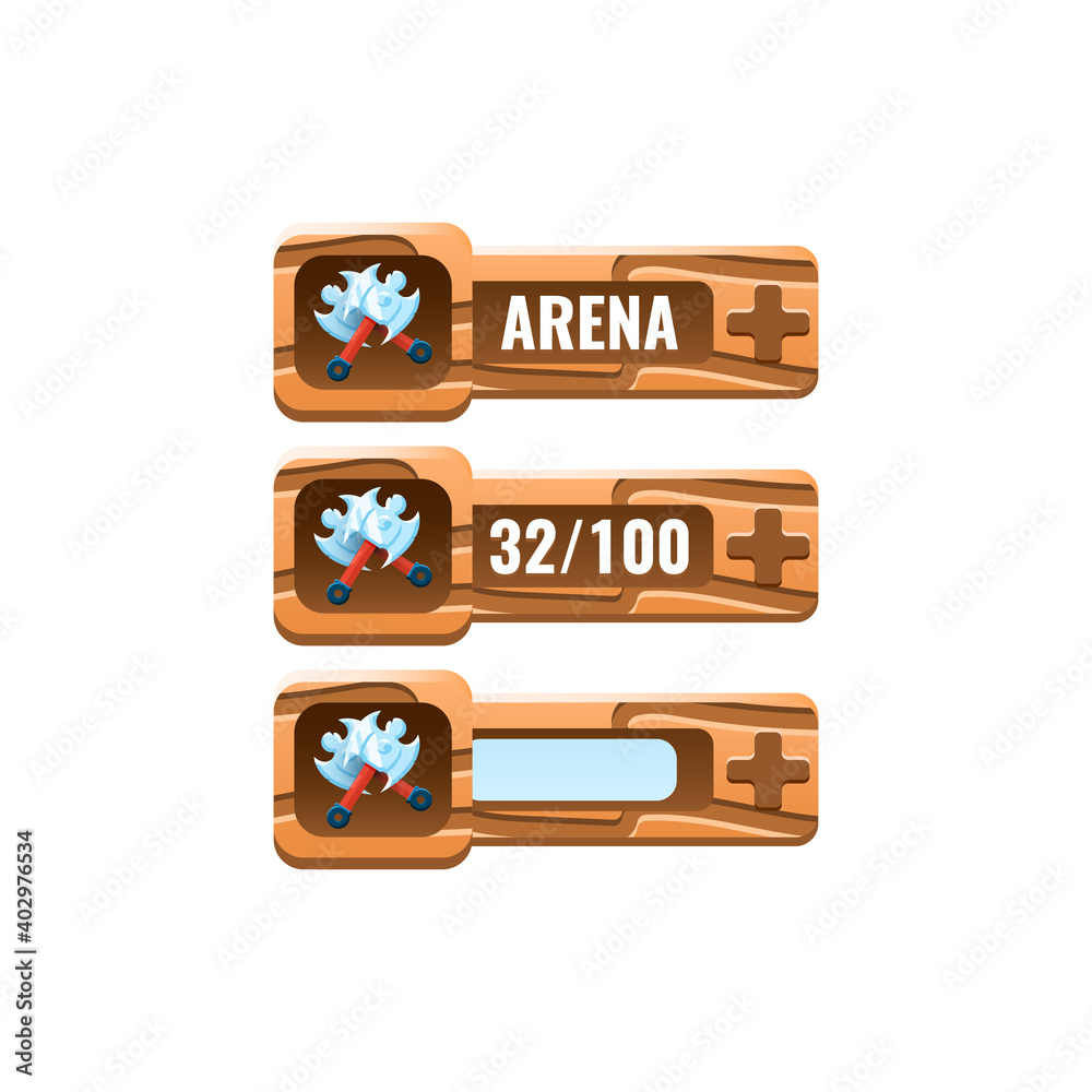 set of wooden game ui axe fighting power ups skill with numeric and ...