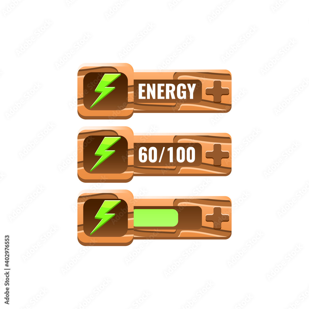 Set Of Wooden Game Ui Energy Stamina Speed Power Bar With Numeric And Progress Bar Additional