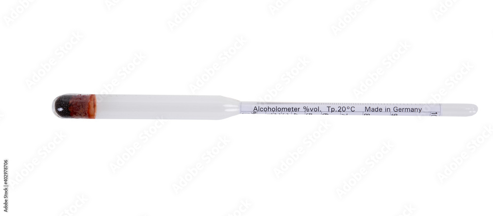 Glass alcoholometer for determining the amount of alcohol in a liquid ...