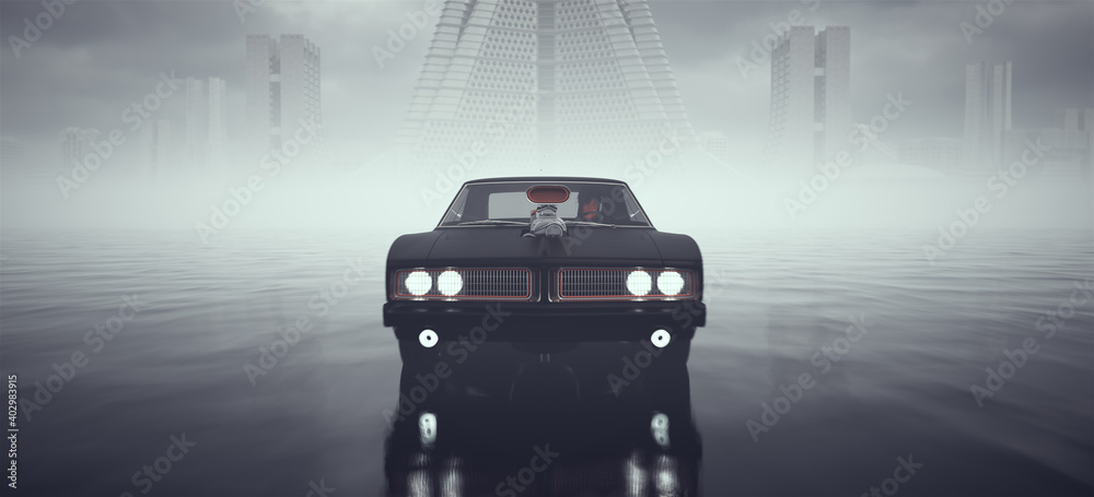 Black Powerful Sci-Fi Devil Car Driving Fast over Wet Surface With ...