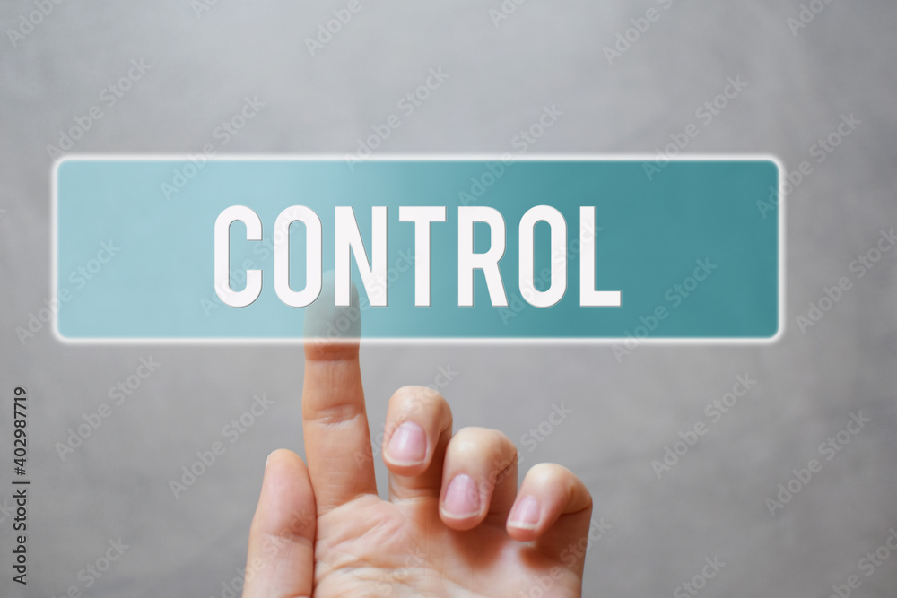 Control - finger pressing blue transparent button with text on gray ...