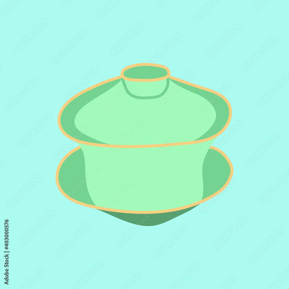 Vector hand drawn flat illustration of gaiwan for tea ceremony. green ...