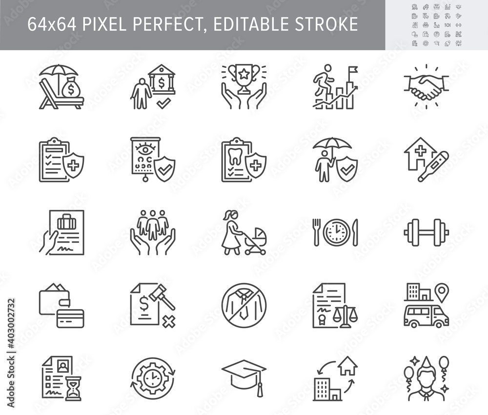 Employee benefits line icons. Vector illustration with icon - hr, perks ... Employee benefits line icons. Vector illustration with icon - hr, perks ...