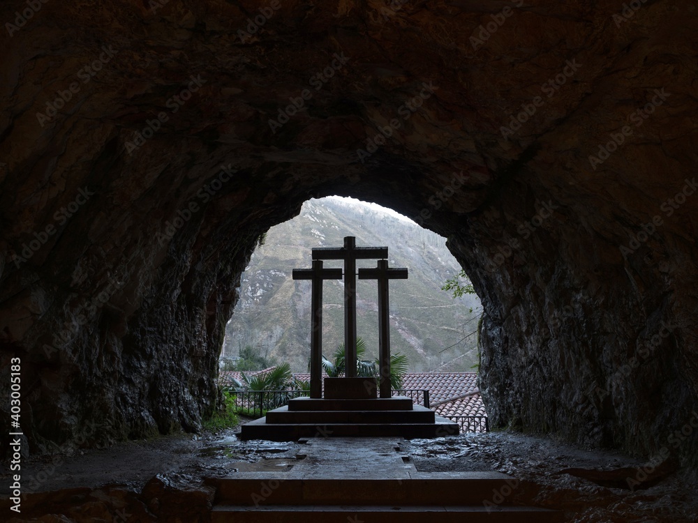 Three crosses religious christian symbol in catholic cave sanctuary ...