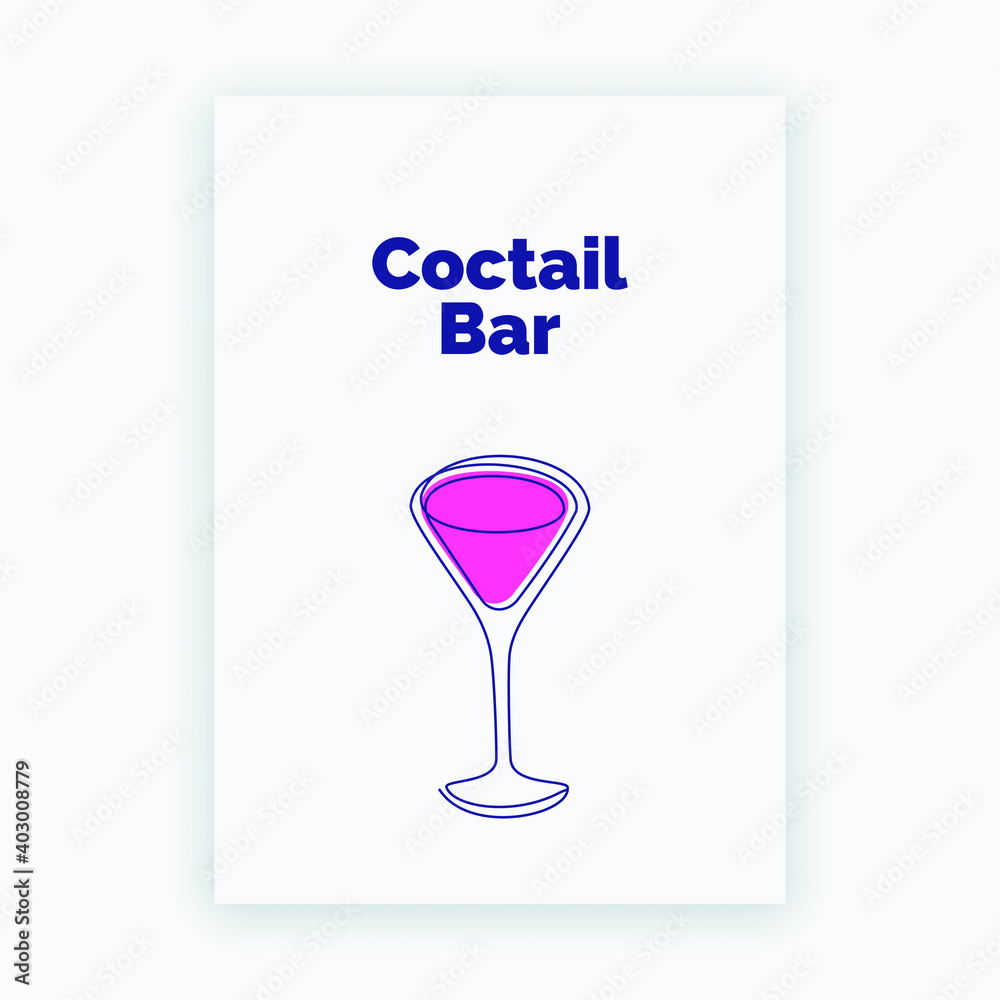 Abstract poster with one line drawing of cocktail glass. Hand drawn ...