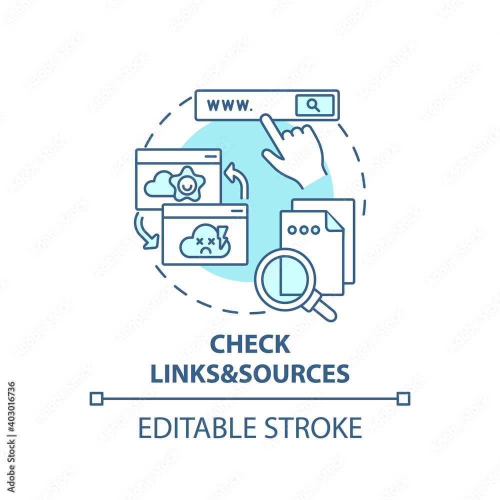 Checking links and sources concept icon. Fake news check idea thin line ...