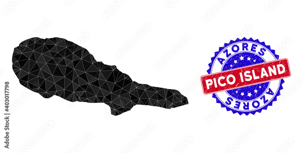 Pico Island map polygonal mesh with filled triangles, and scratched bicolor stamp. Triangle ...
