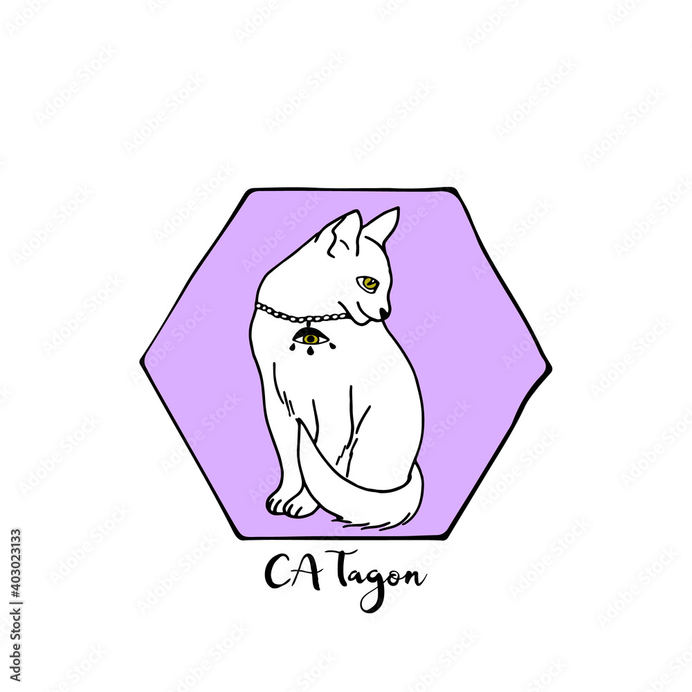 Hand drawn line art witch magical cat sitting inside sacred geometry ...