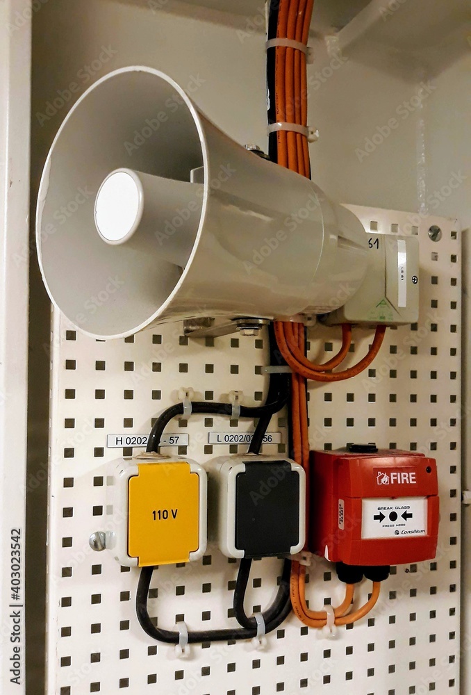 Safety public address PA system, fire alarm button and electrical ...
