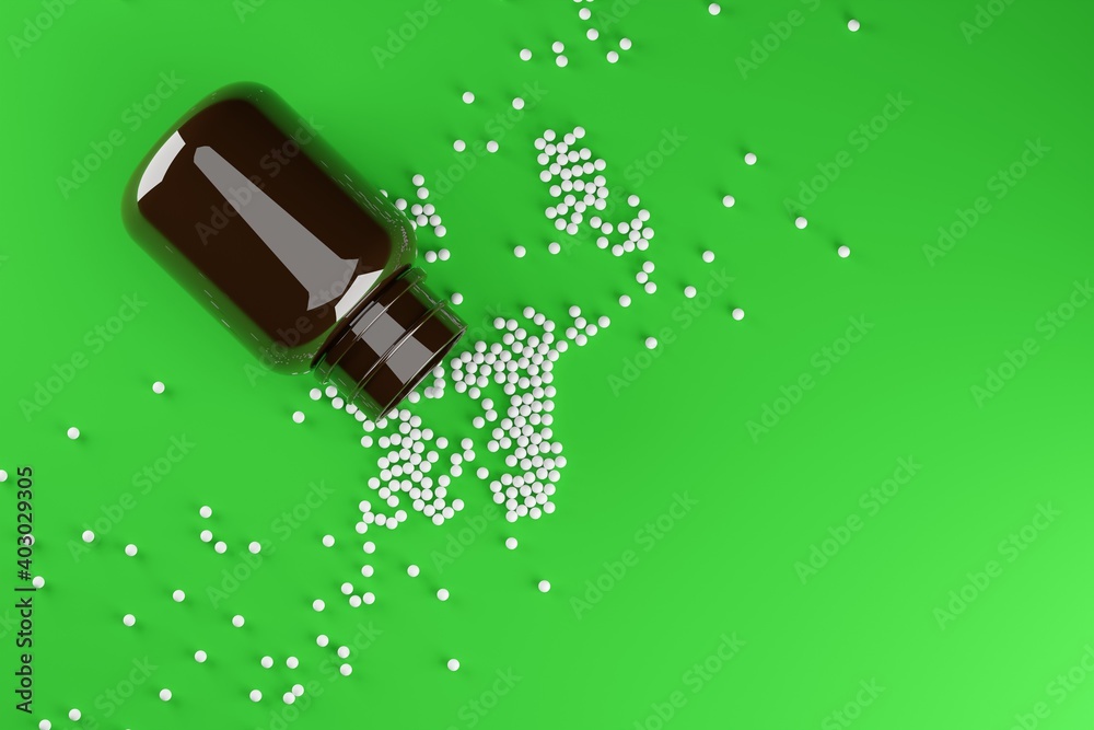 White homeopathy globule with bottle over green background with copy ...