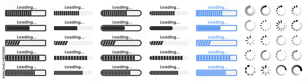 Big set Loading icons. Loading. Load. Progress bar for upload download round process. Website ...