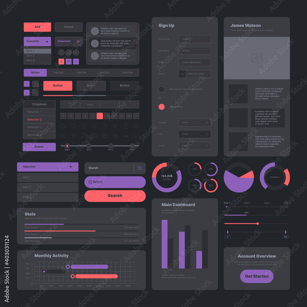 Ui dark. Web design pages layout user icons buttons dividers navigate ...