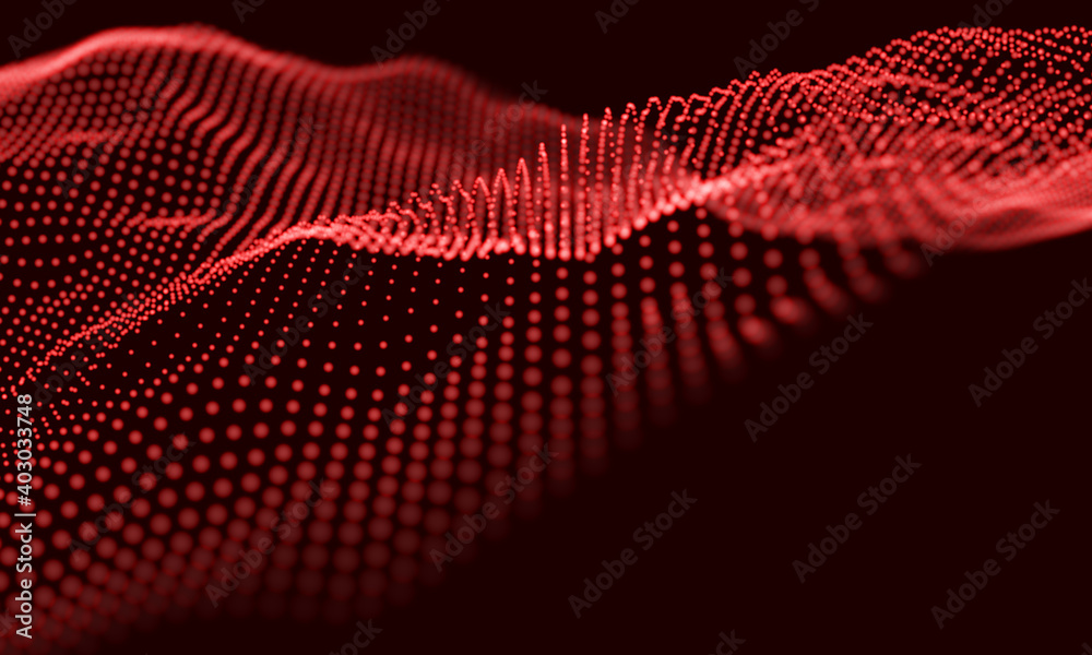 Wave of red particles. Abstract technology flow background. Sound mesh ...