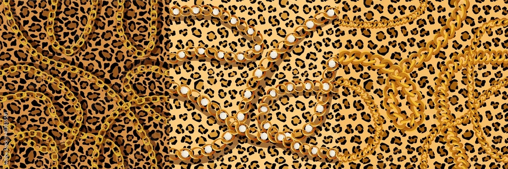 Vetor de Leopard tracery with gold chains and pearls seamless pattern ...