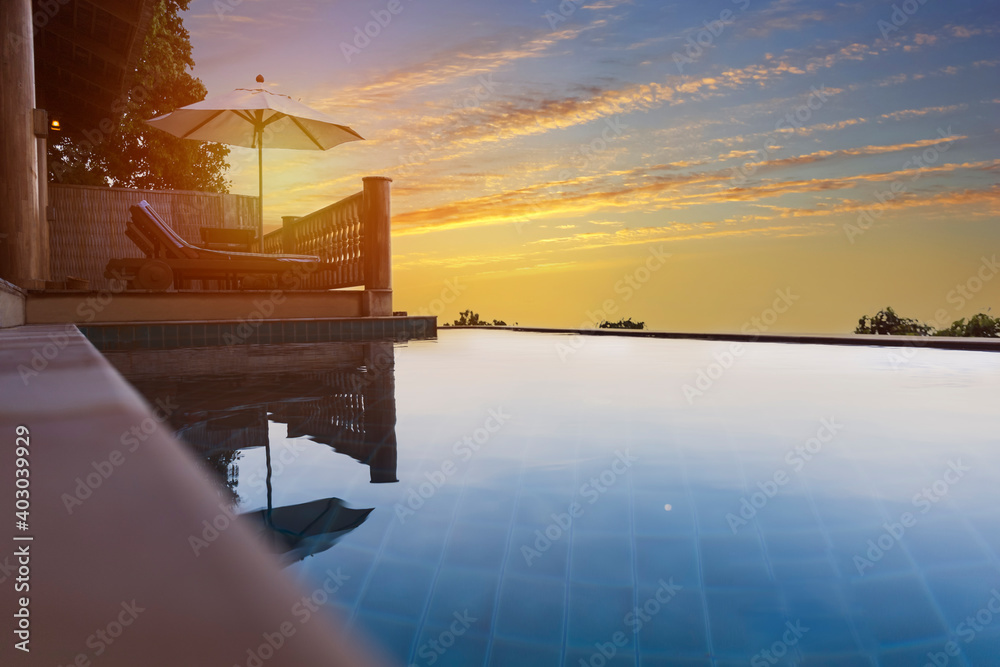 Exotic romantic sunset beatiful pool villa resort. Infinity pool with ...