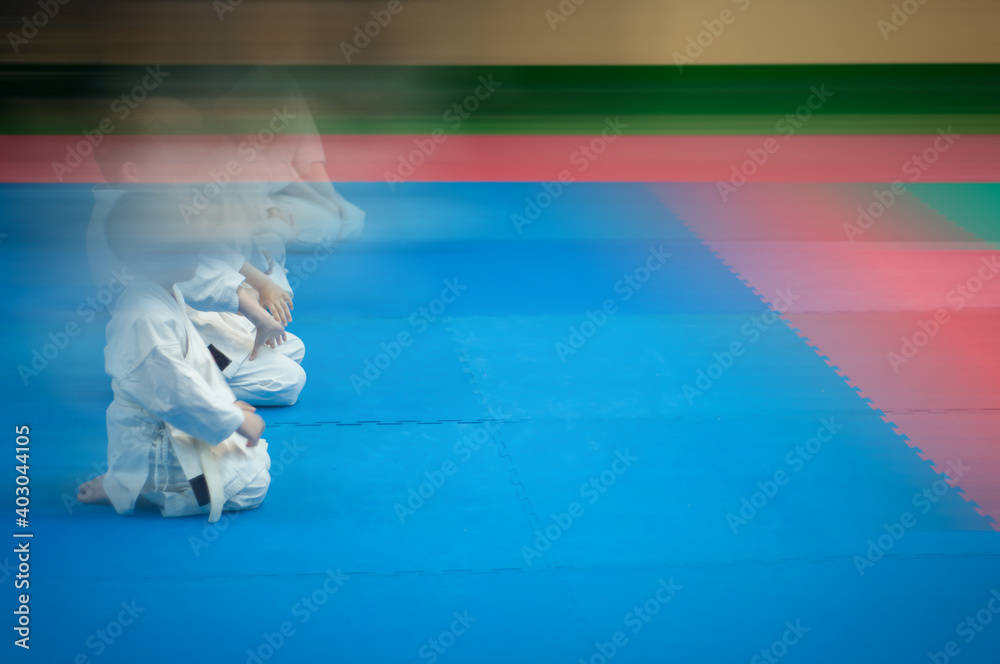 Karate training for children. Background photo. Added blur effect for ...