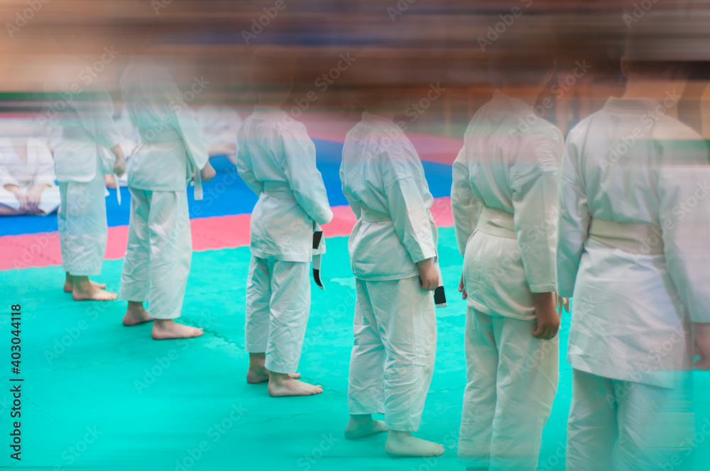 Karate training for children. Background photo. Added blur effect for ...