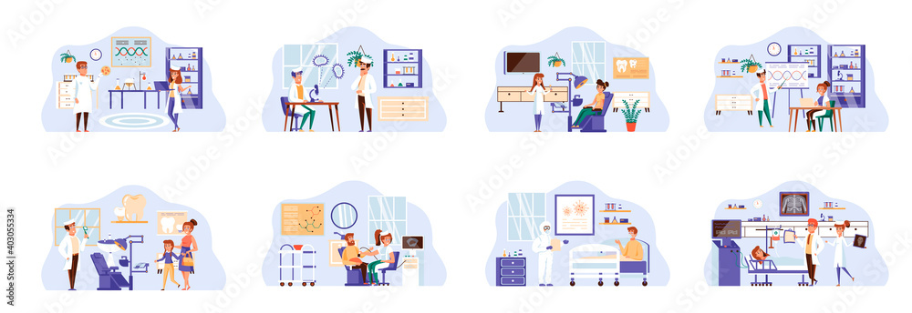 Medical care bundle of scenes with people characters. Laboratory ...