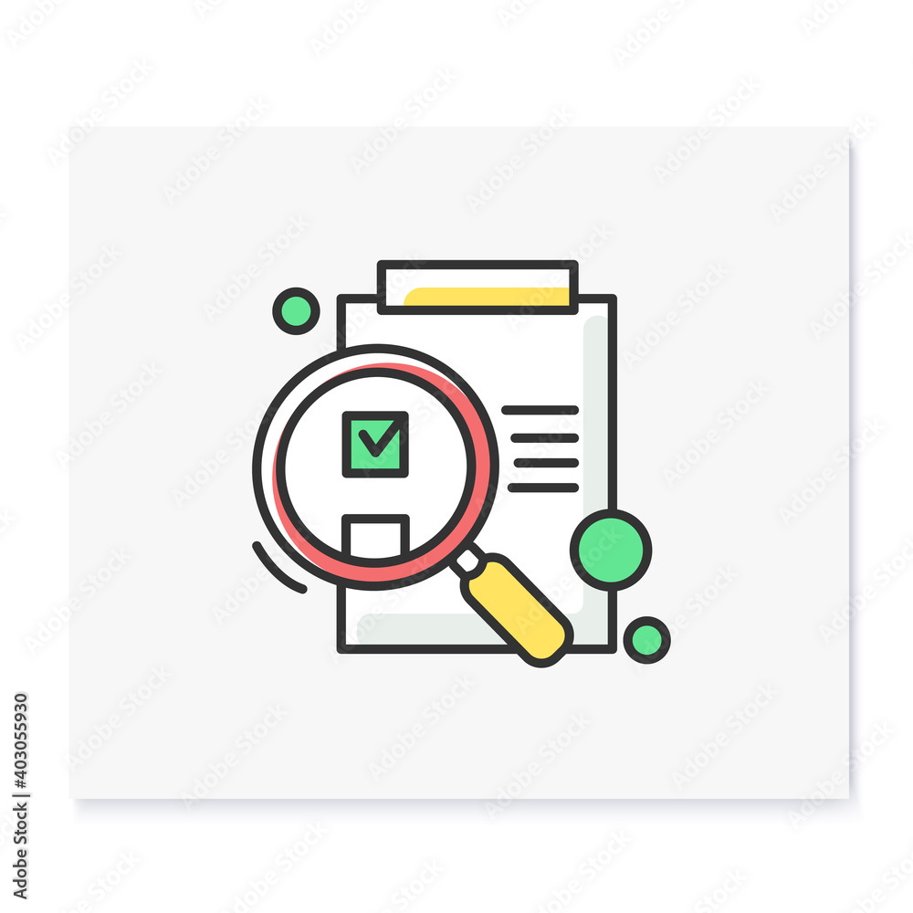 Idea evaluation color icon. Paper on clipboard under magnifying glass ...