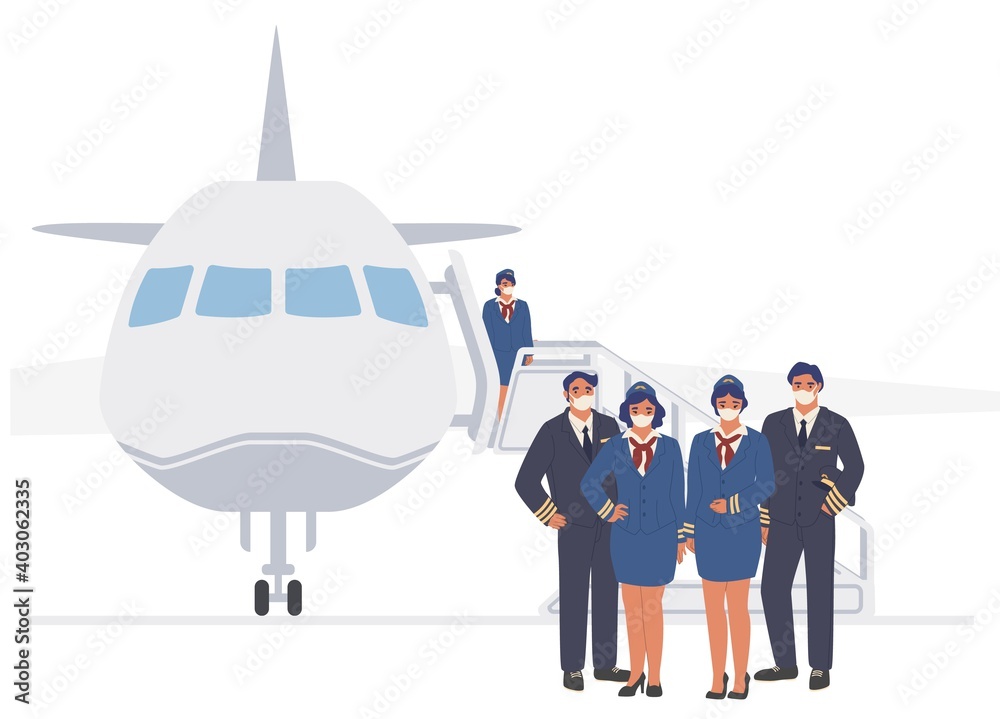 Airline cabin crew, pilot and stewardess cartoon characters wearing ...