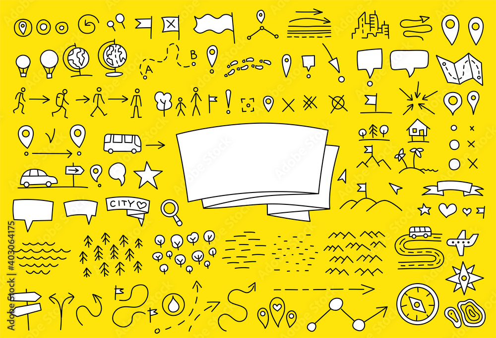 Map set yellow doodle background. Geographical travelers notes ...