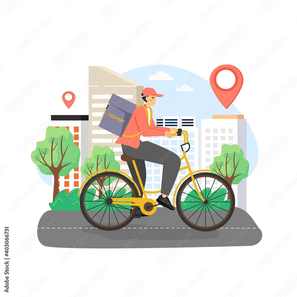 Delivery man riding bike with food box on his back, flat vector ...