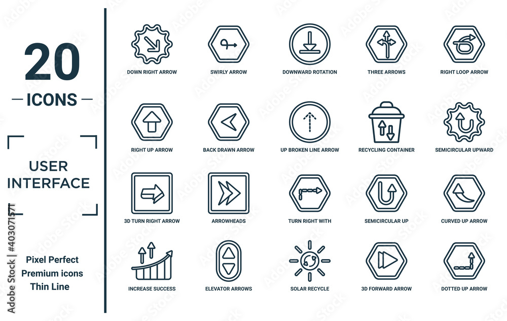 user.interface linear icon set. includes thin line down right arrow, right up arrow, 3d turn ...