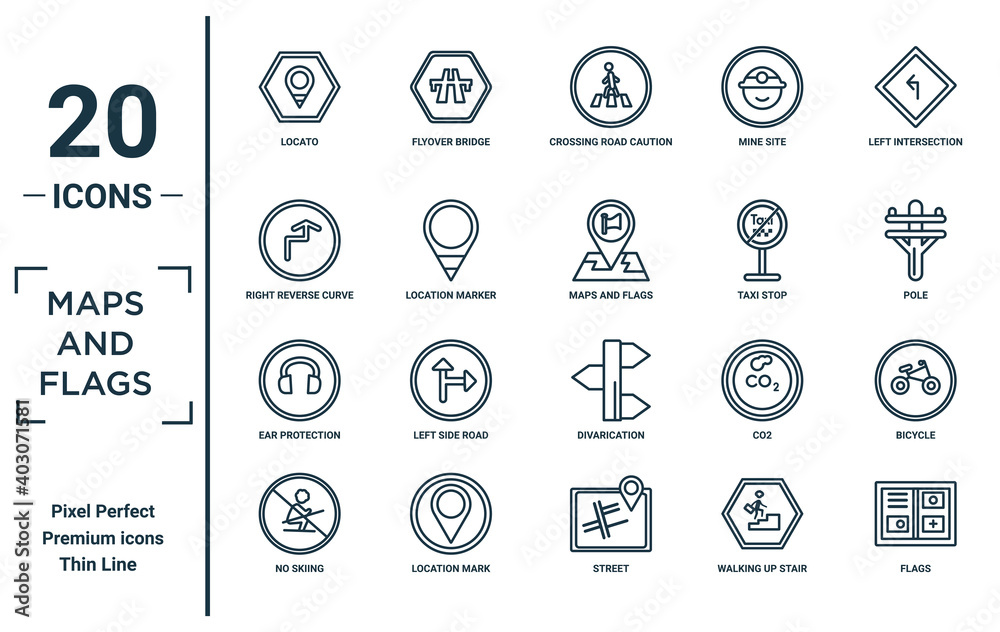 maps.and.flags linear icon set. includes thin line locato, right reverse curve, ear protection ...