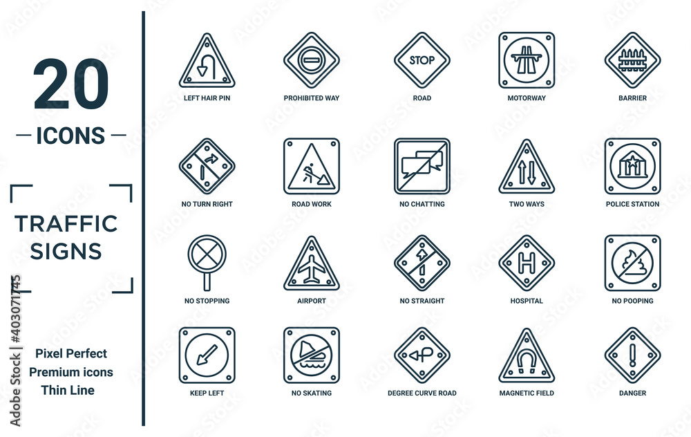 traffic.signs linear icon set. includes thin line left hair pin, no ...