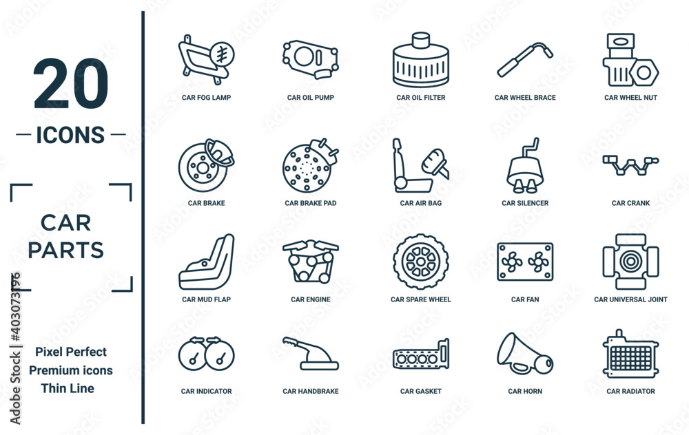 car.parts linear icon set. includes thin line car fog lamp, car brake ...