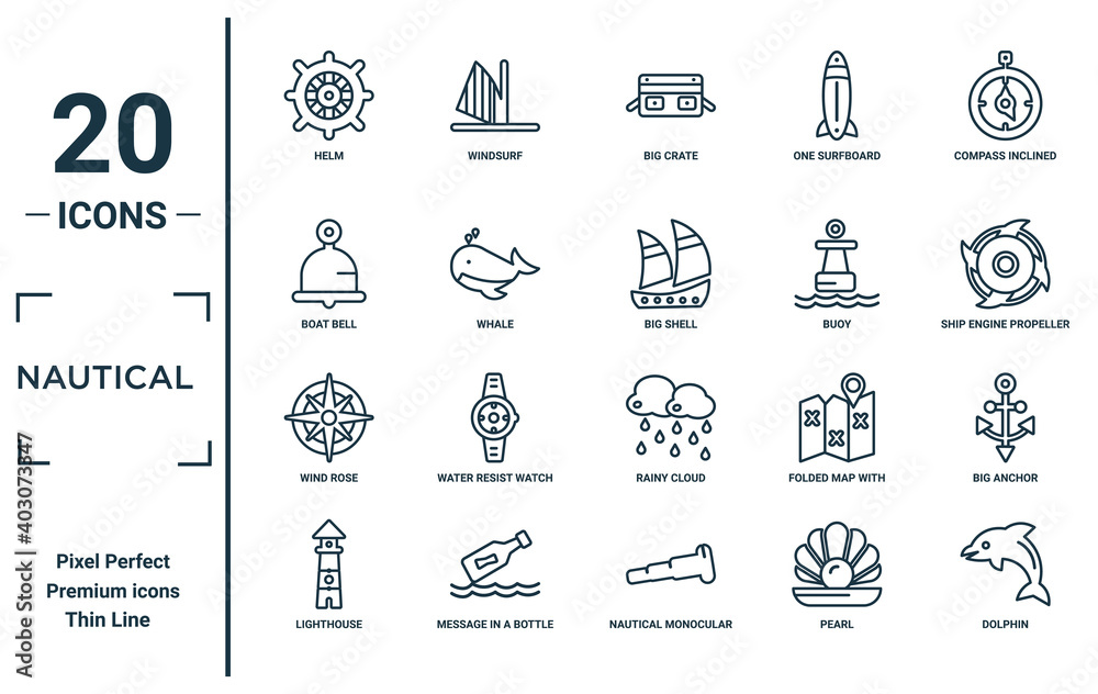 nautical linear icon set. includes thin line helm, boat bell, wind rose ...