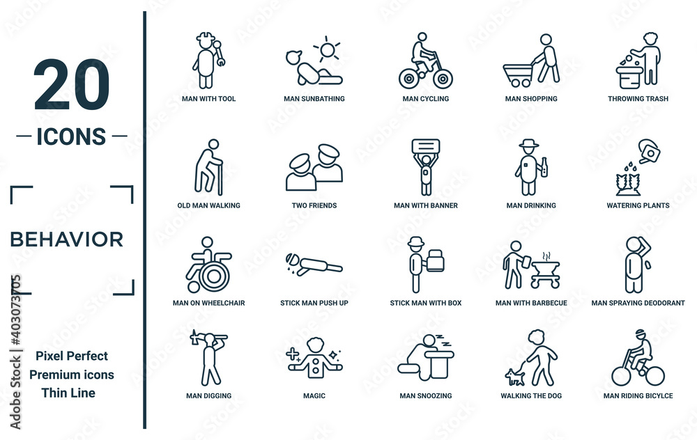 behavior linear icon set. includes thin line man with tool, old man ...