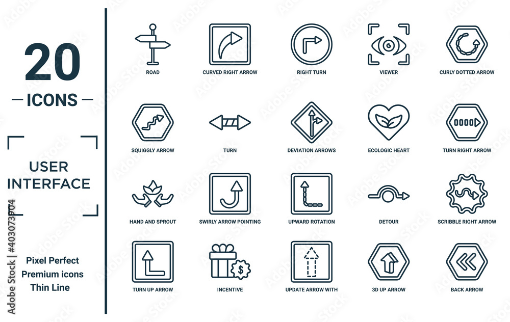 user.interface linear icon set. includes thin line road, squiggly arrow, hand and sprout, turn ...