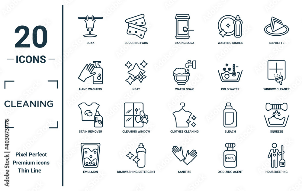 cleaning linear icon set. includes thin line soak, hand washing, stain ...