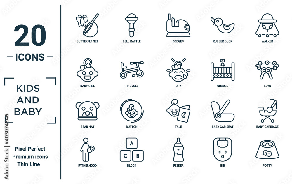 kids.and.baby linear icon set. includes thin line butterfly net, baby ...