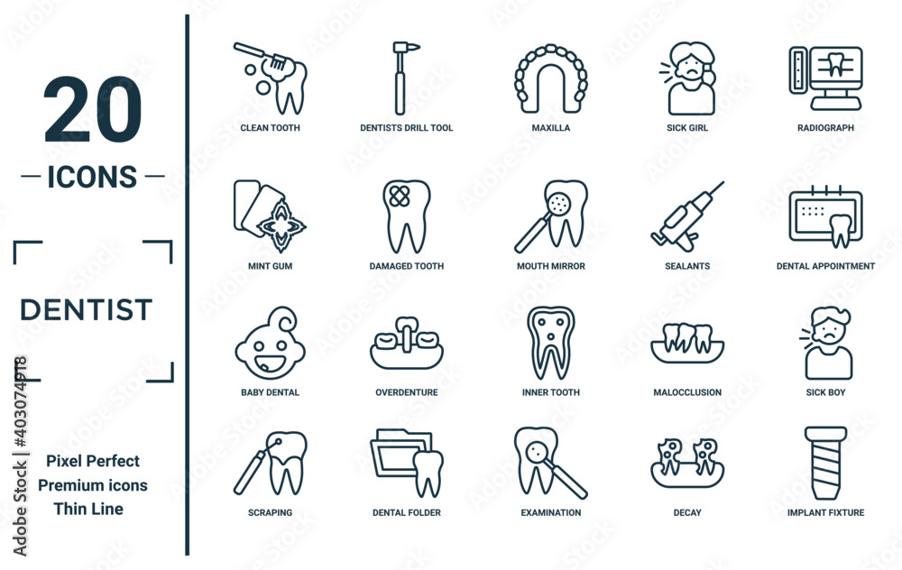 dentist linear icon set. includes thin line clean tooth, mint gum, baby ...