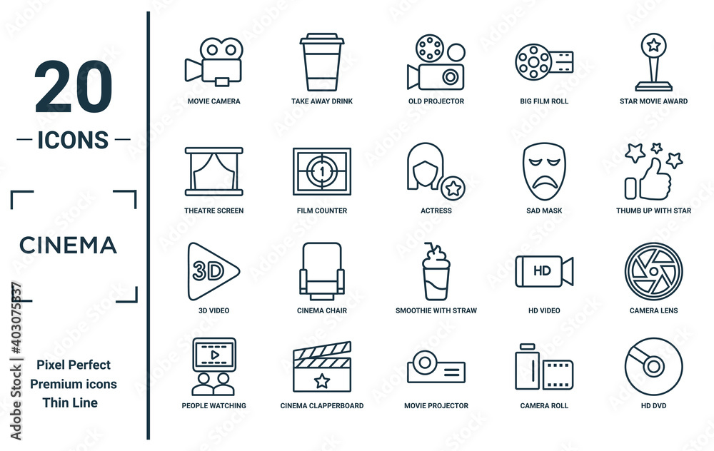 cinema linear icon set. includes thin line movie camera, theatre screen ...