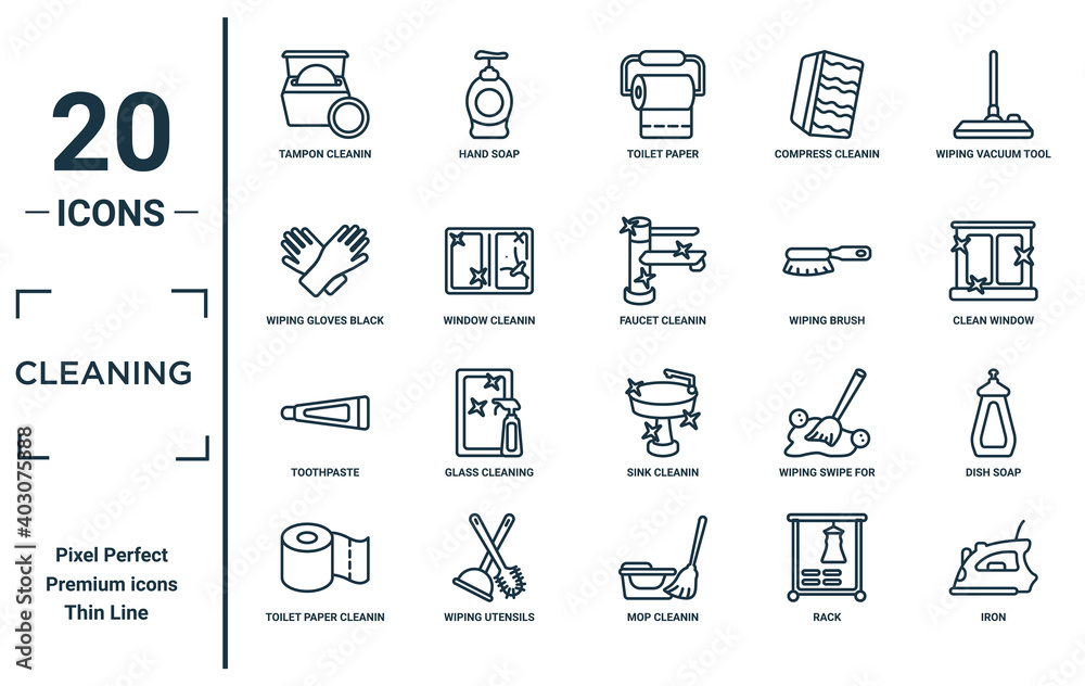 cleaning linear icon set. includes thin line tampon cleanin, wiping ...
