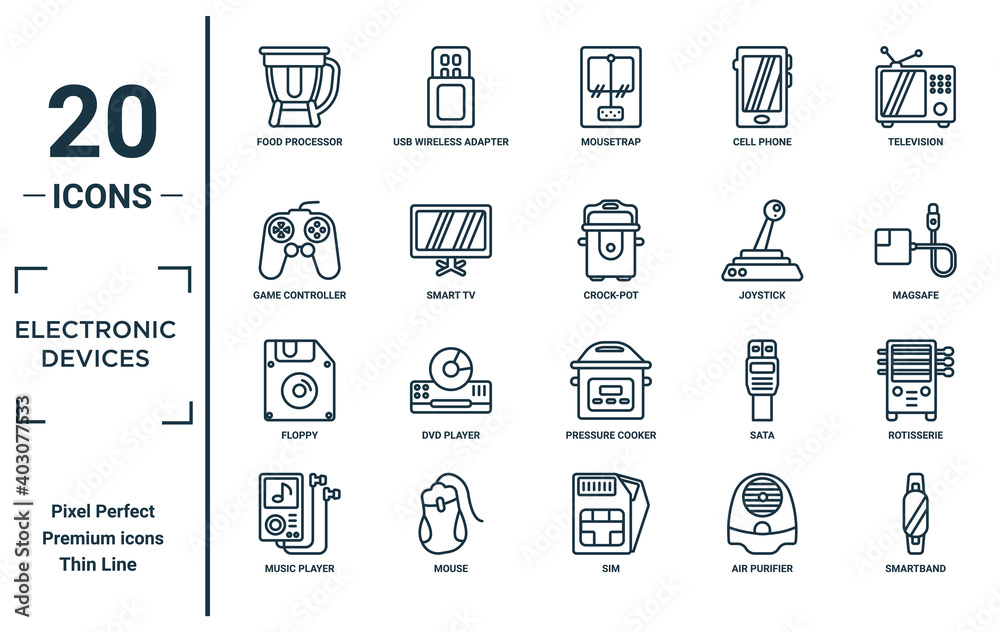 electronic.devices linear icon set. includes thin line food processor ...