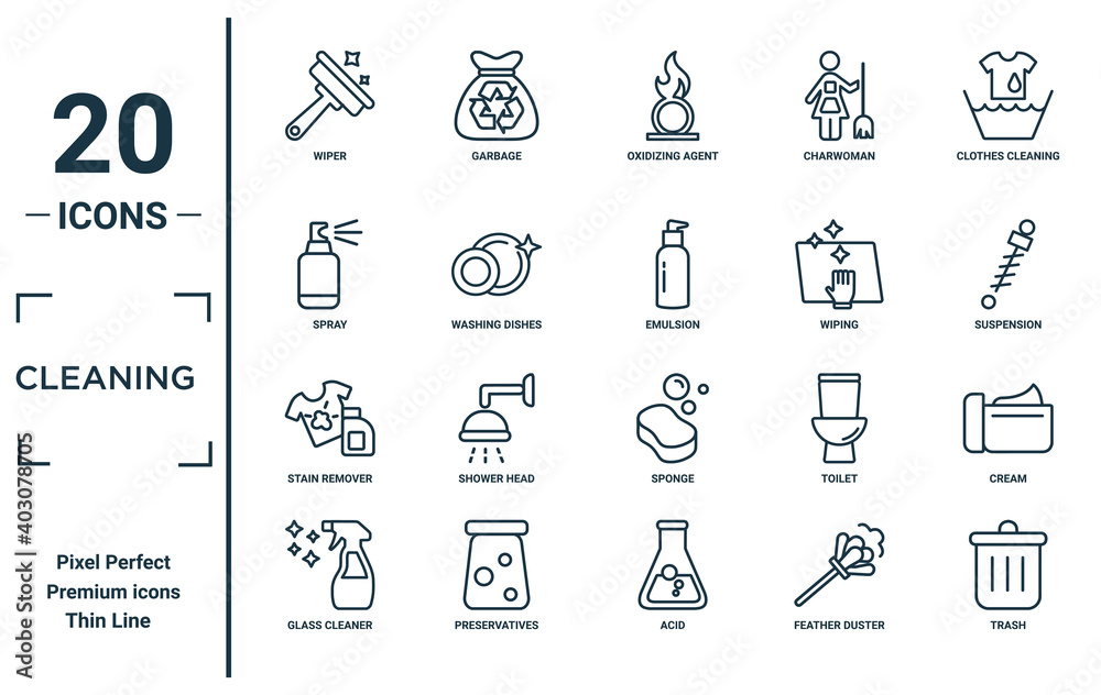 cleaning linear icon set. includes thin line wiper, spray, stain ...