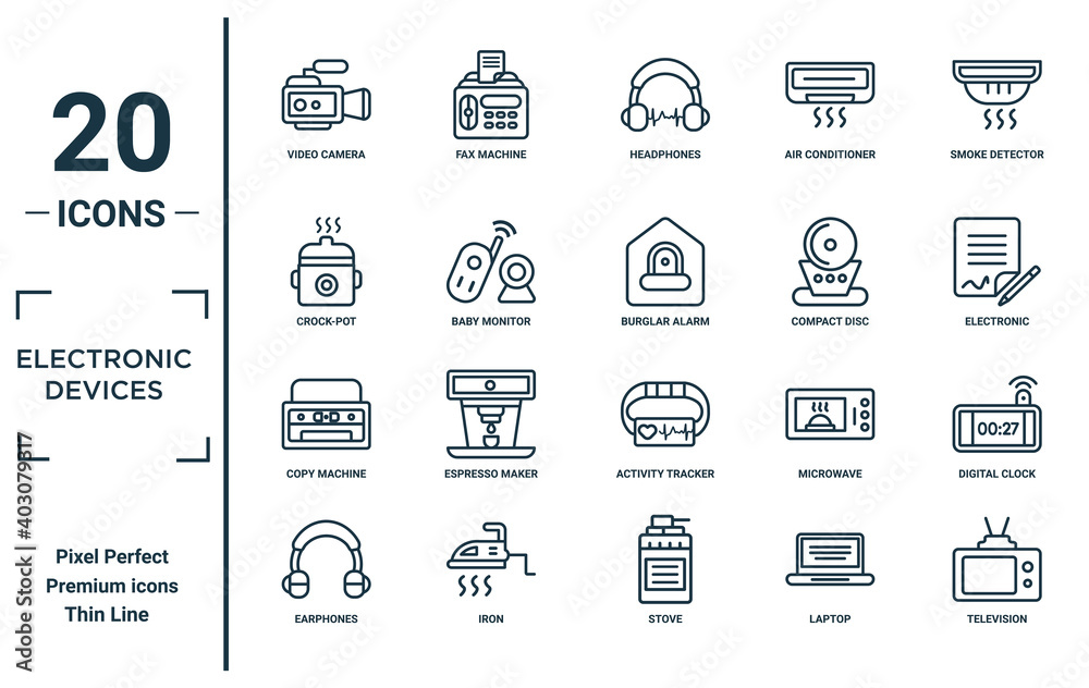 electronic.devices linear icon set. includes thin line video camera ...