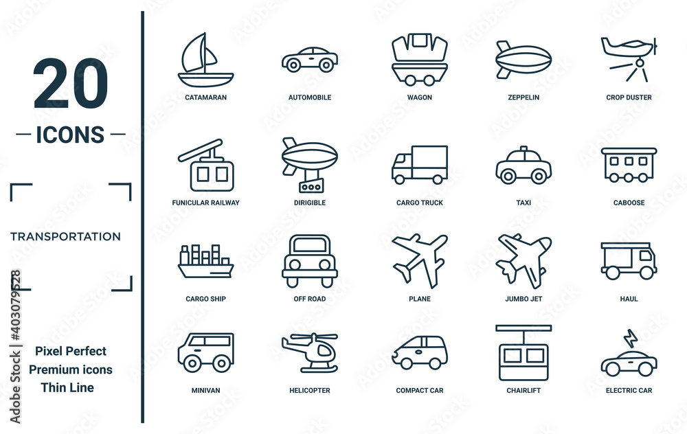 transportation linear icon set. includes thin line catamaran, funicular ...
