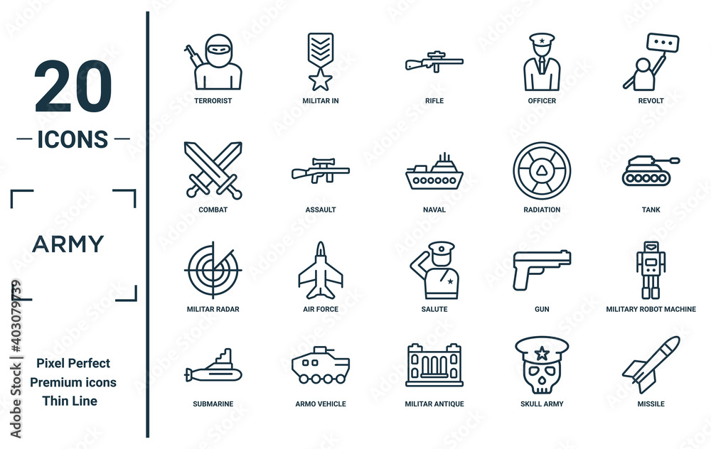 army linear icon set. includes thin line terrorist, combat, militar ... army linear icon set. includes thin line terrorist, combat, militar ...