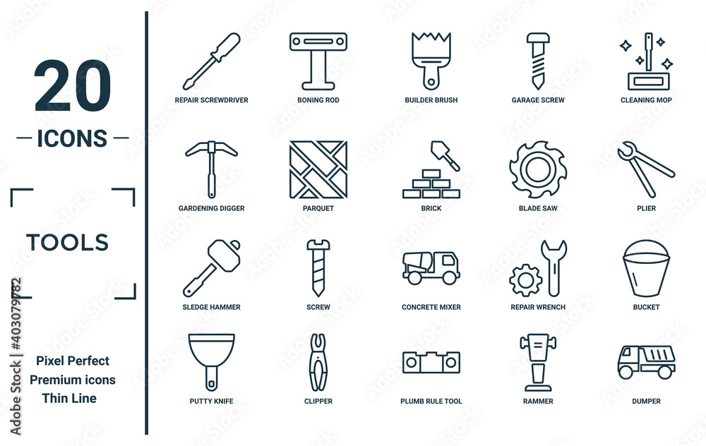 tools linear icon set. includes thin line repair screwdriver, gardening ...